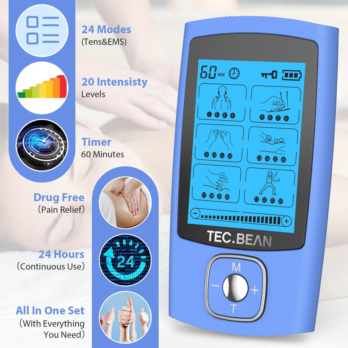 24 Modes Tens Unit Muscle Stimulator, Rechargeable Tens Machine with 8 ...